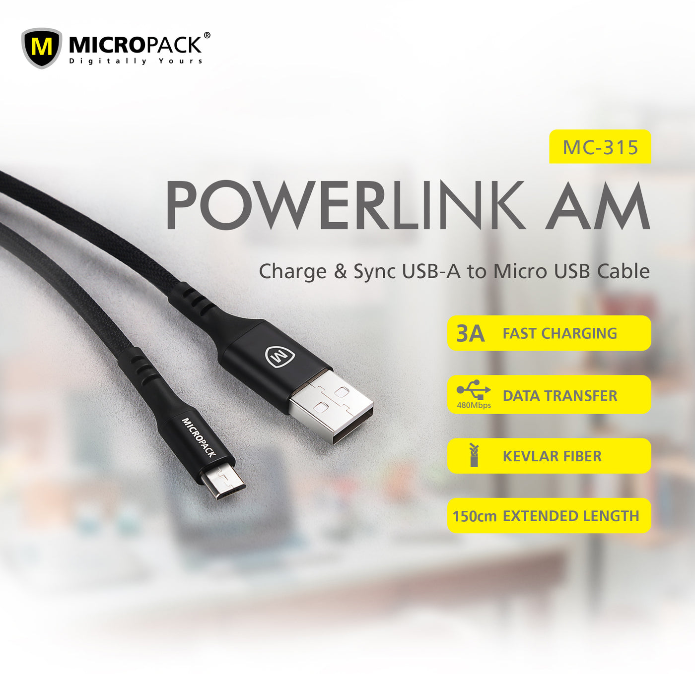 USB-A to Micro USB Charging Cable 1.5m/4.92ft Micropack MC-315